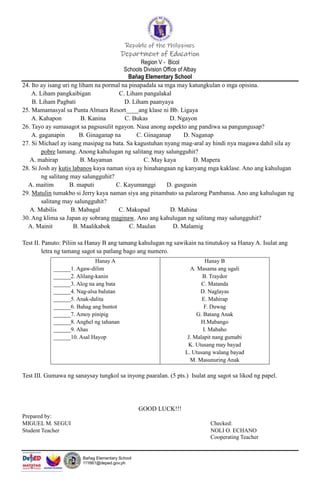 Ikatlong MArkahang Pagsusulit sa Filipino | DOCX