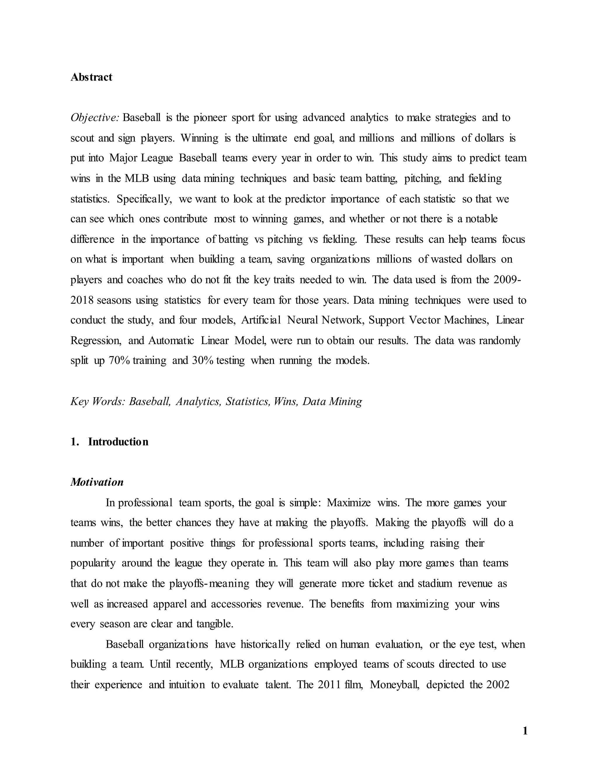 Identifying Key Factors in Winning MLB Games Using a Data-Mining ...