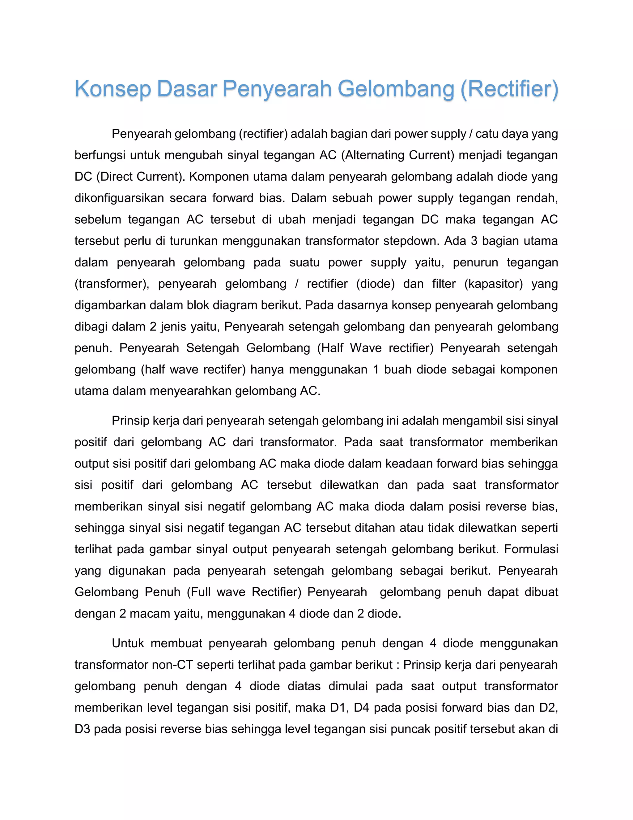 dioda, macam macam dioda dan rangkaian penyearah 1 fasa | PDF