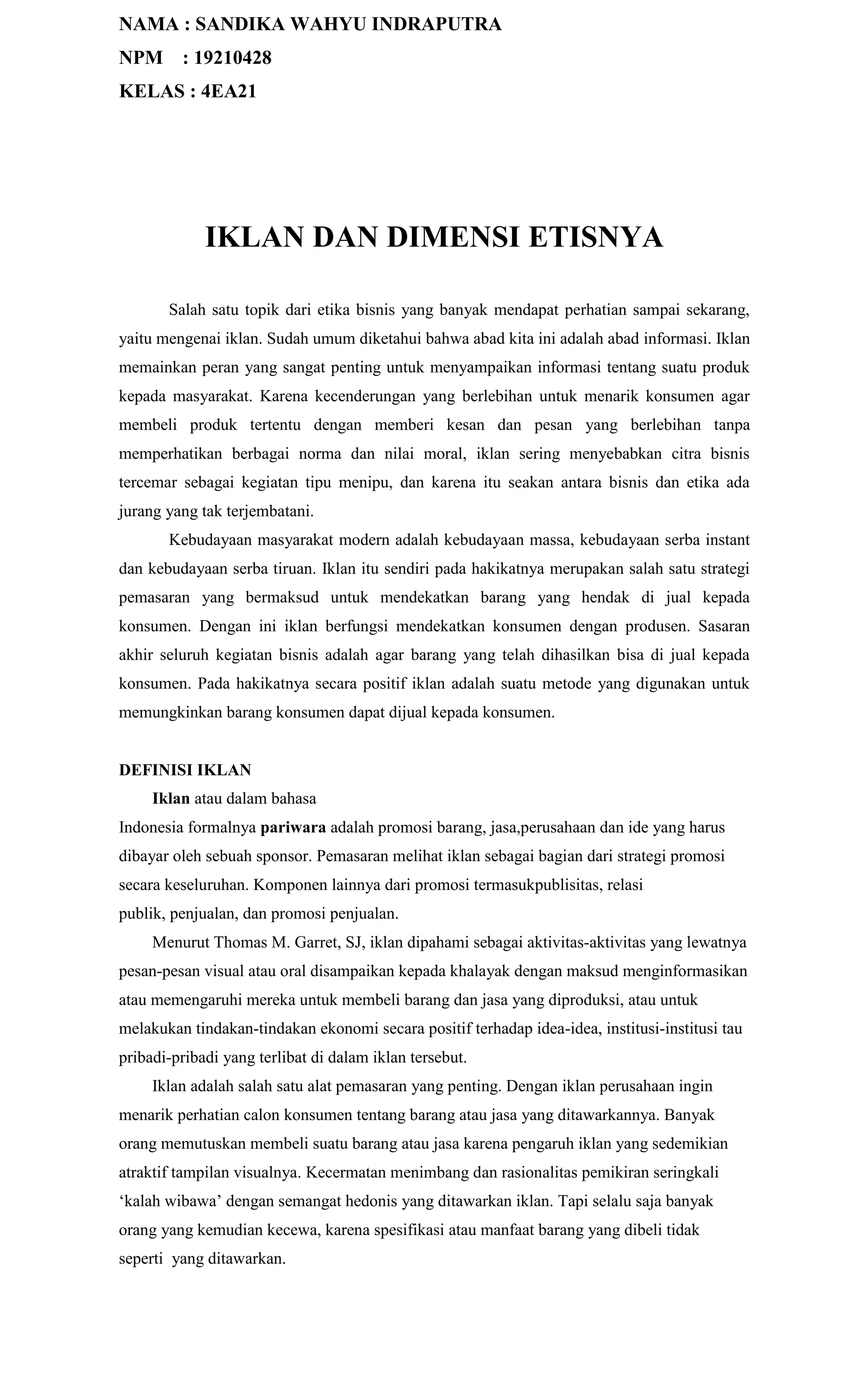 Iklan dan dimensi etisnya | DOCX