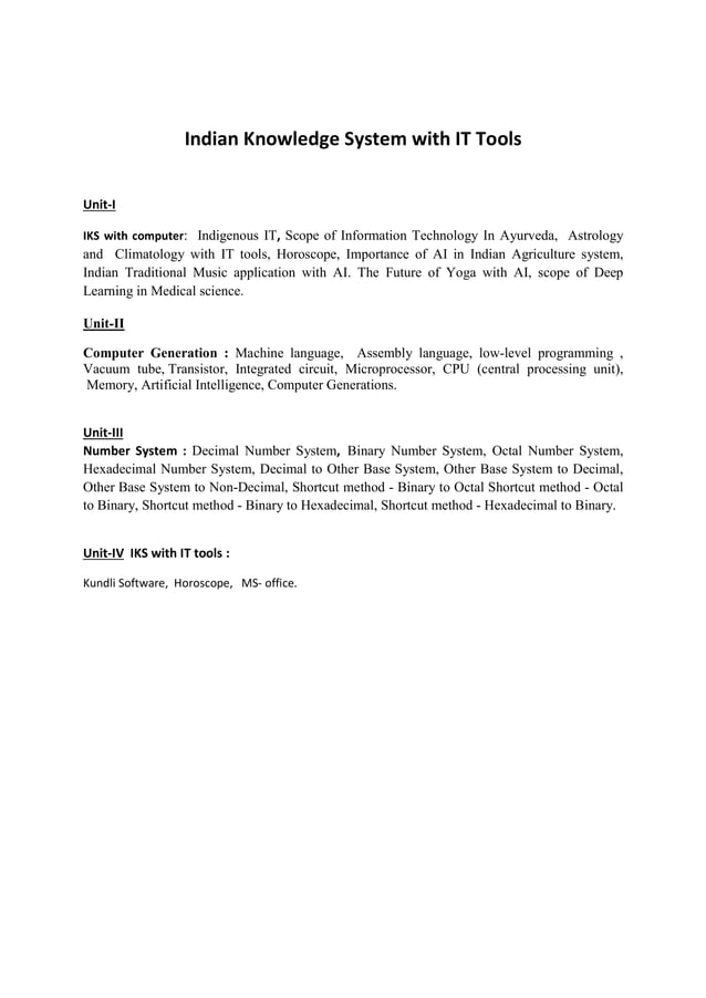 Indian knowledge system for IT tools syllabus | PDF