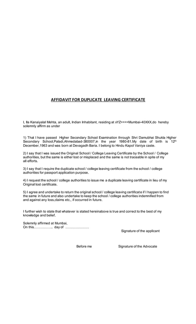 AFFIDAVIT FORMAT FOR DUPLICATE SCHOOL LEAVING CERTIFICATE | DOCX