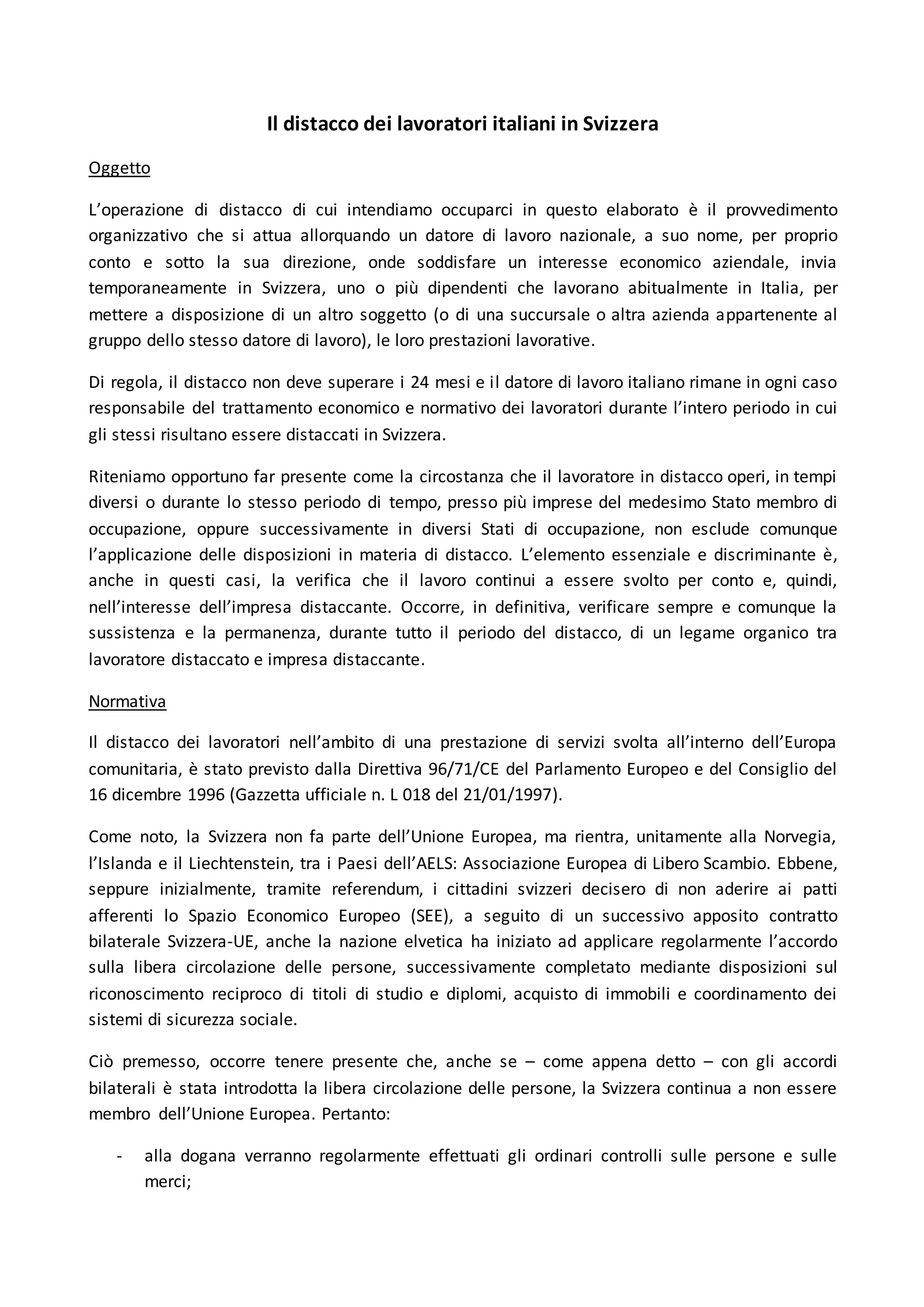 Il distacco dei lavoratori italiani in svizzera | PDF