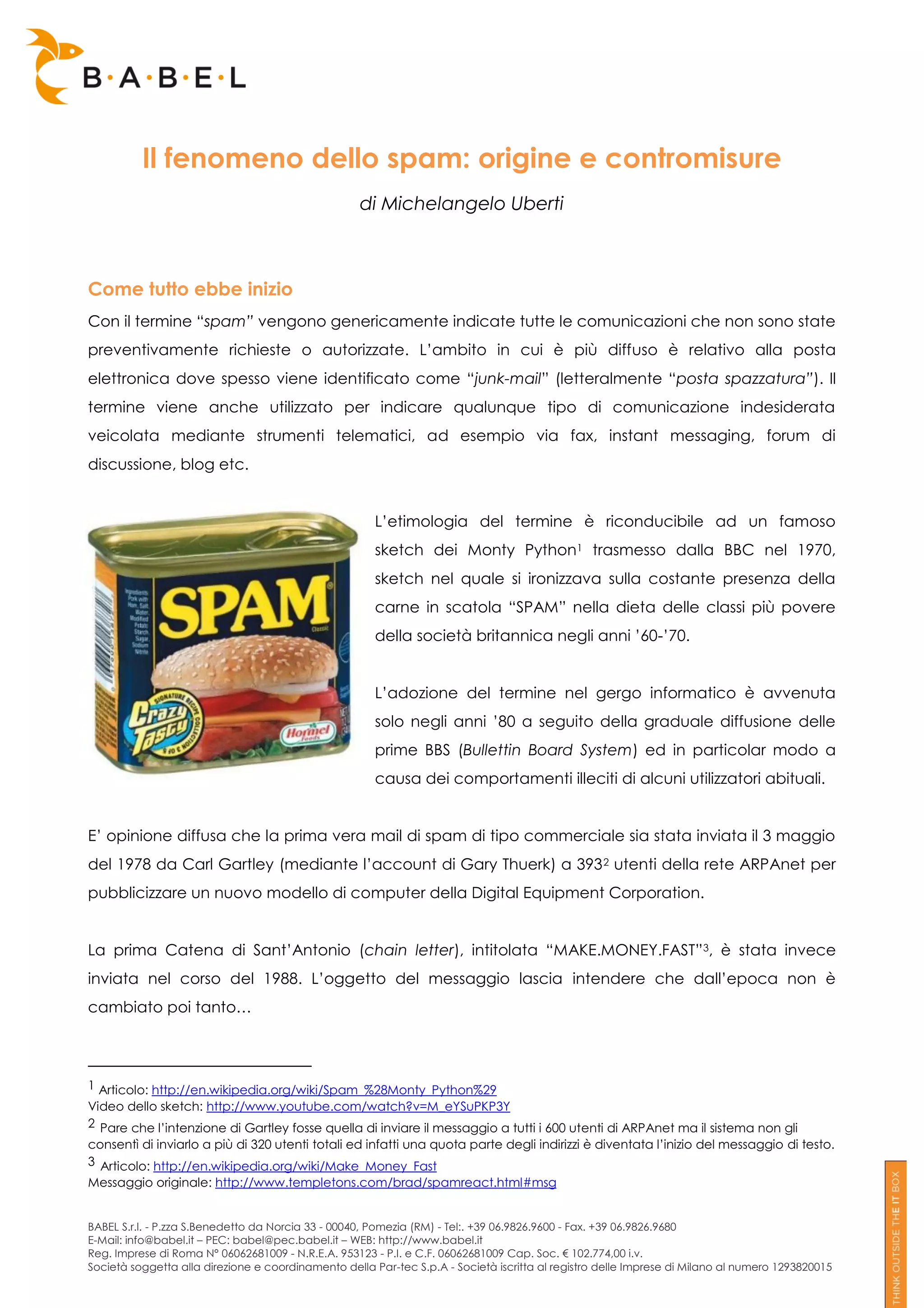 Il fenomeno dello spam: origine e contromisure | PDF
