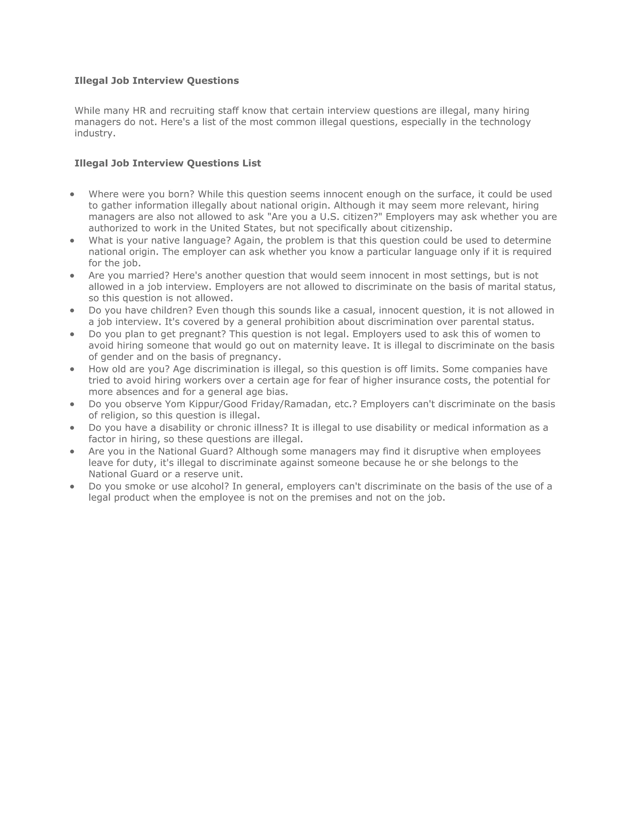 Illegal job interview questions | DOCX