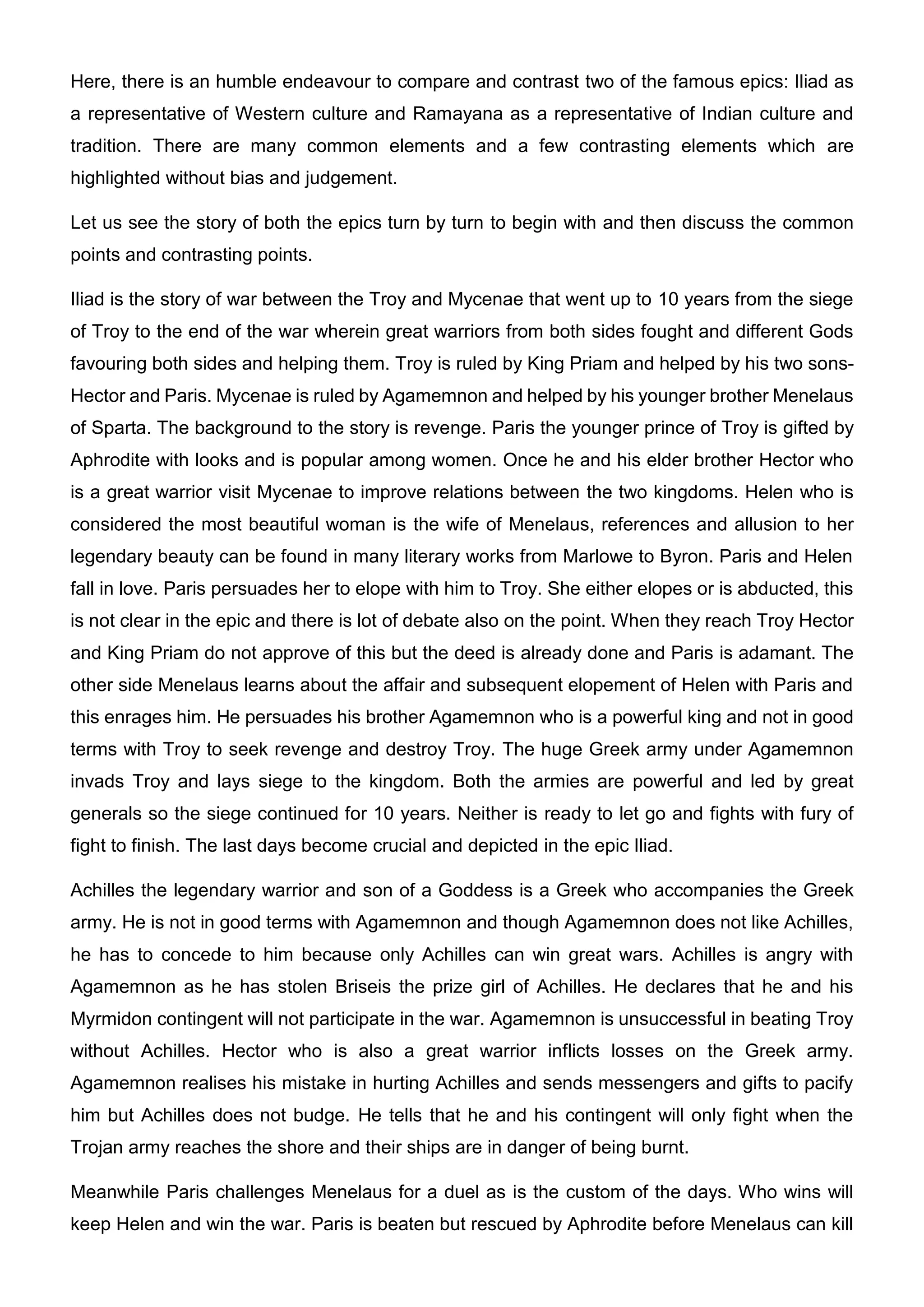 Illiad & ramayan a study in comparison and contrast | PDF