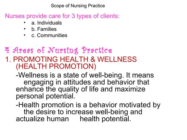 ILLNESS, WELLNESS AND HEALTH , SCOPE OF NURSING | PPT