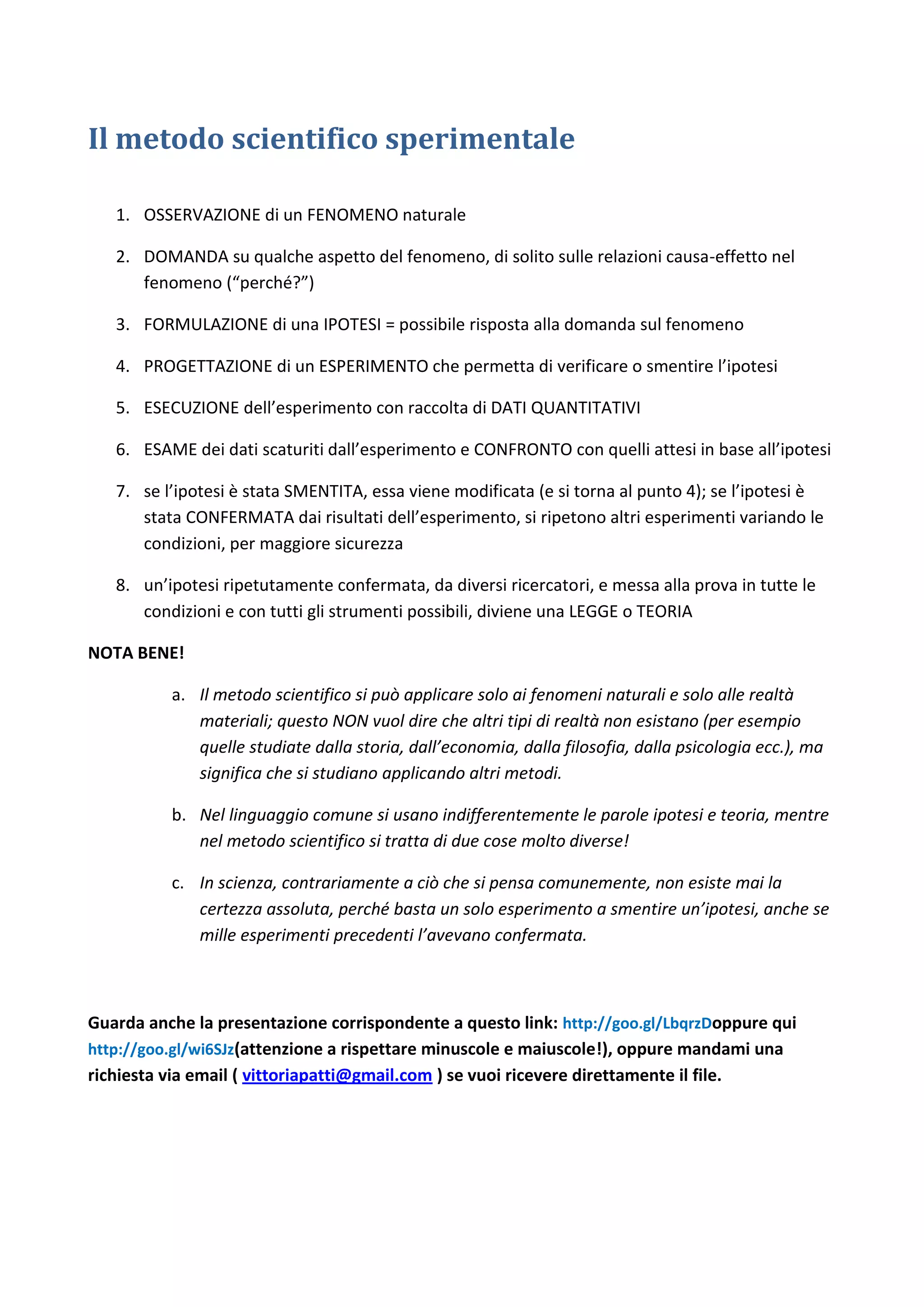 Il metodo scientifico sperimentale | DOCX