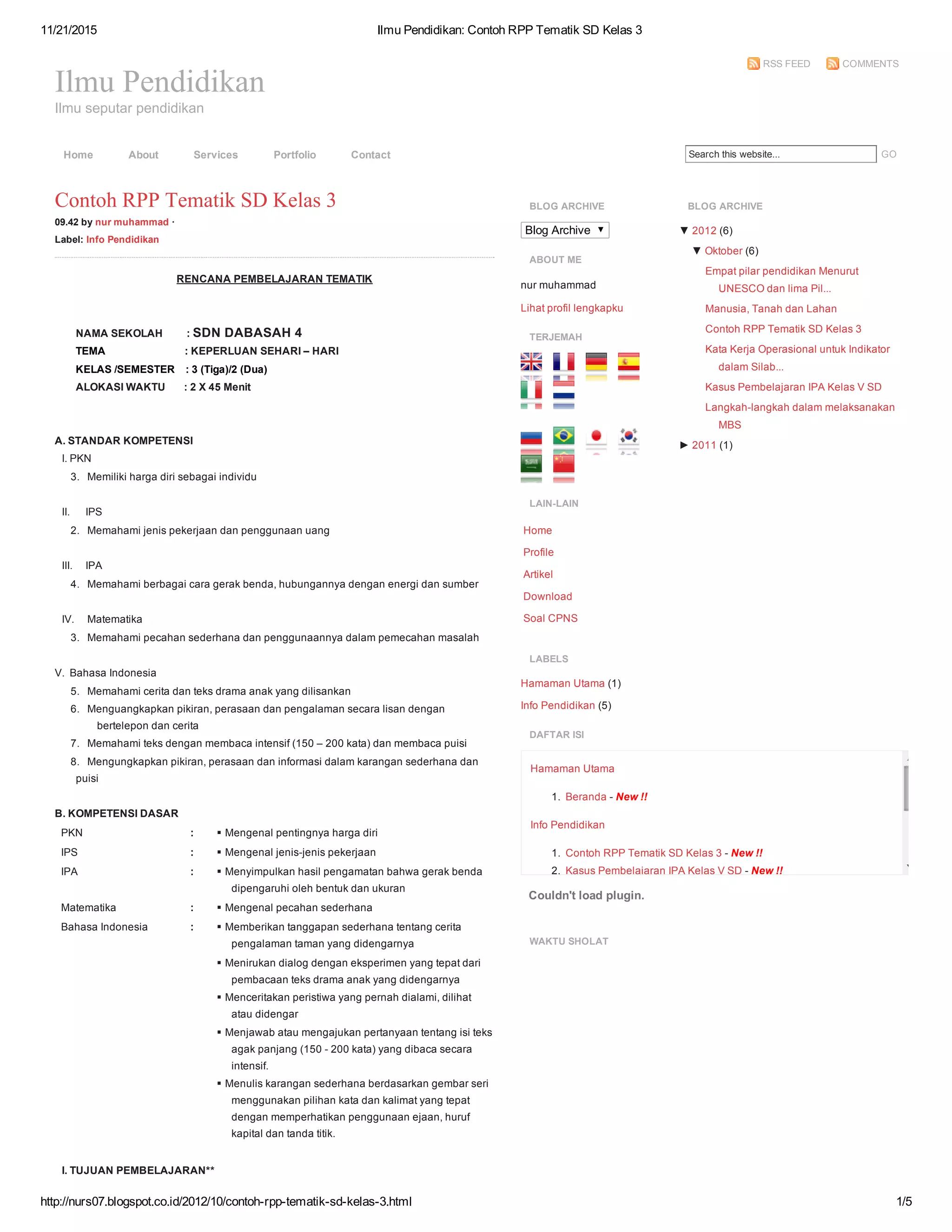 Ilmu pendidikan contoh rpp tematik sd kelas 3 | PDF
