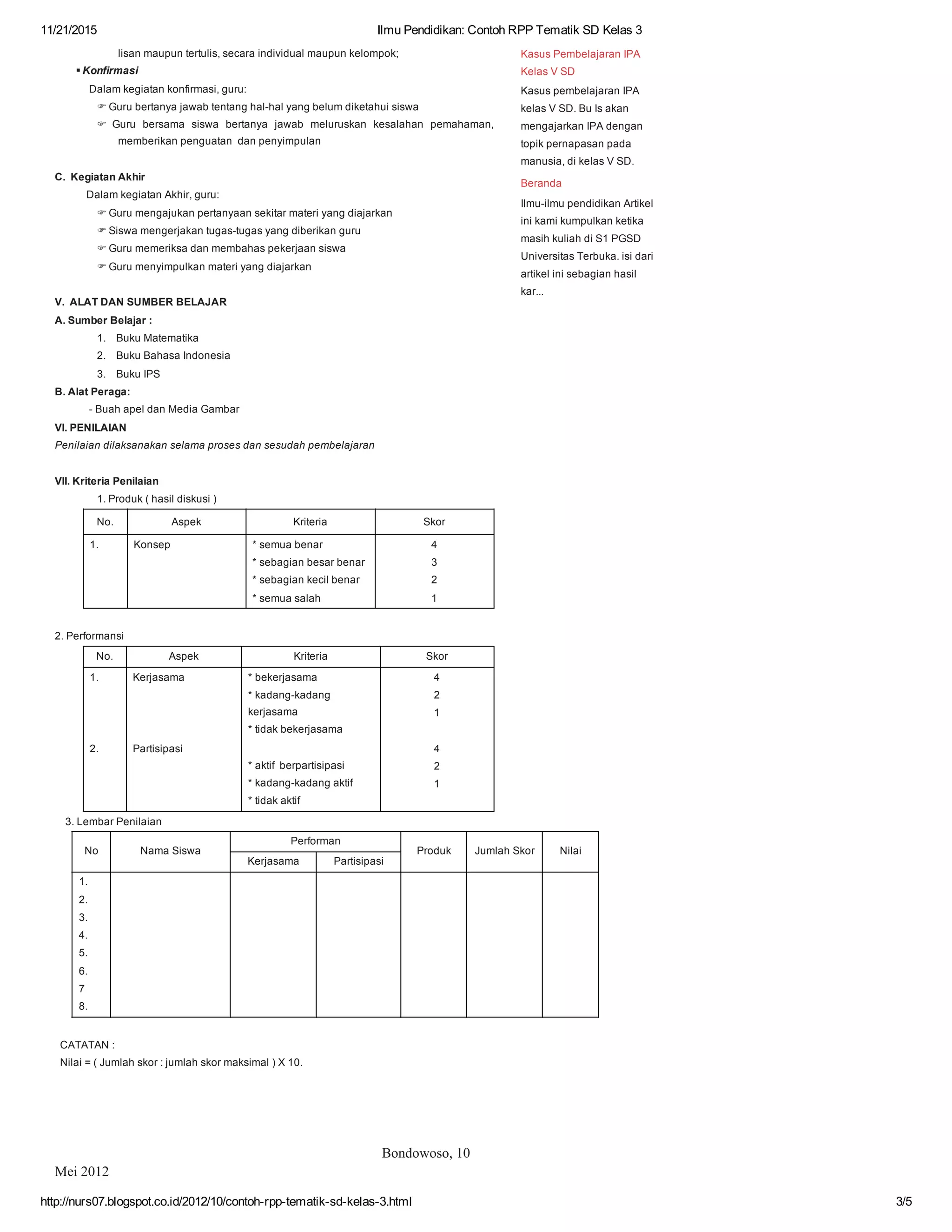 Ilmu pendidikan contoh rpp tematik sd kelas 3 | PDF