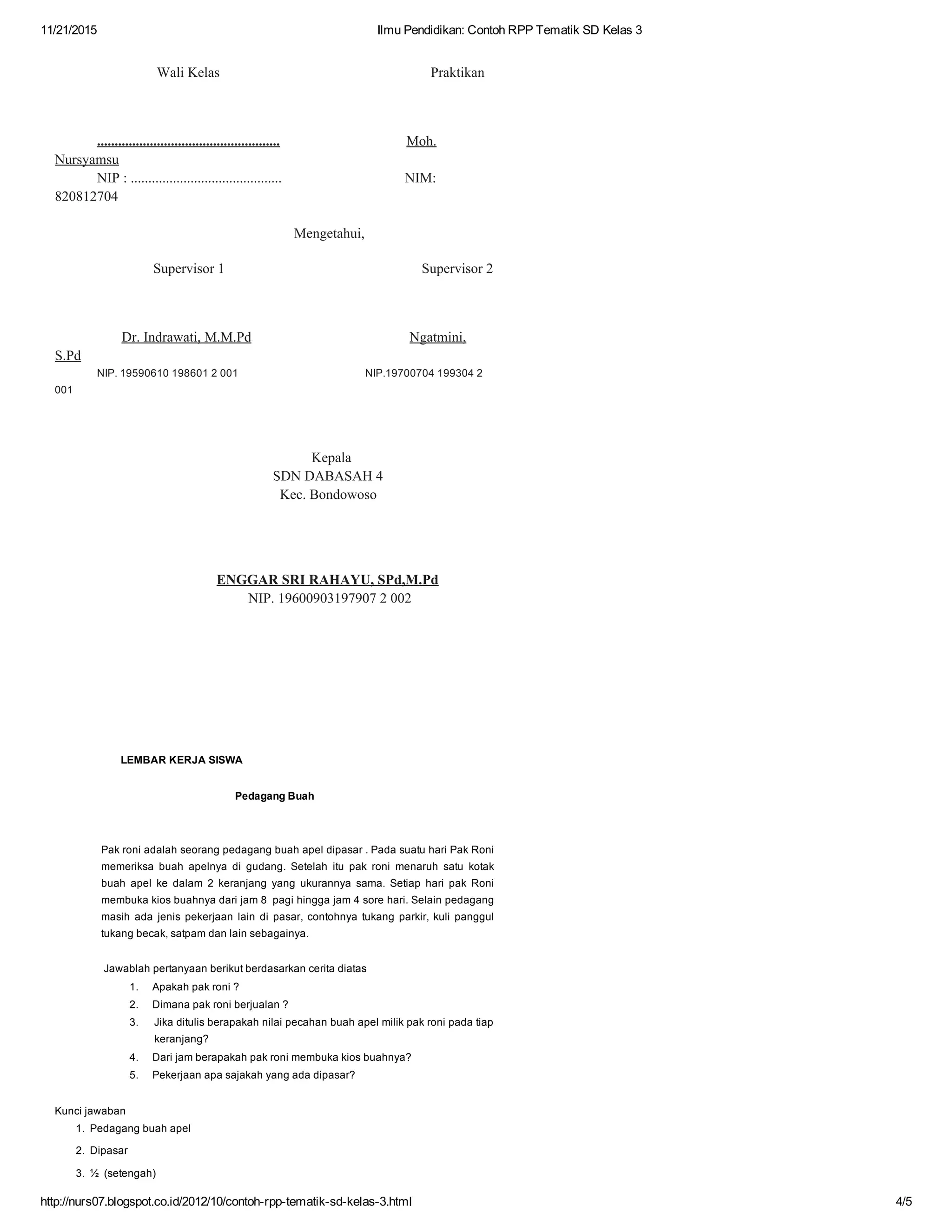 Ilmu pendidikan contoh rpp tematik sd kelas 3 | PDF