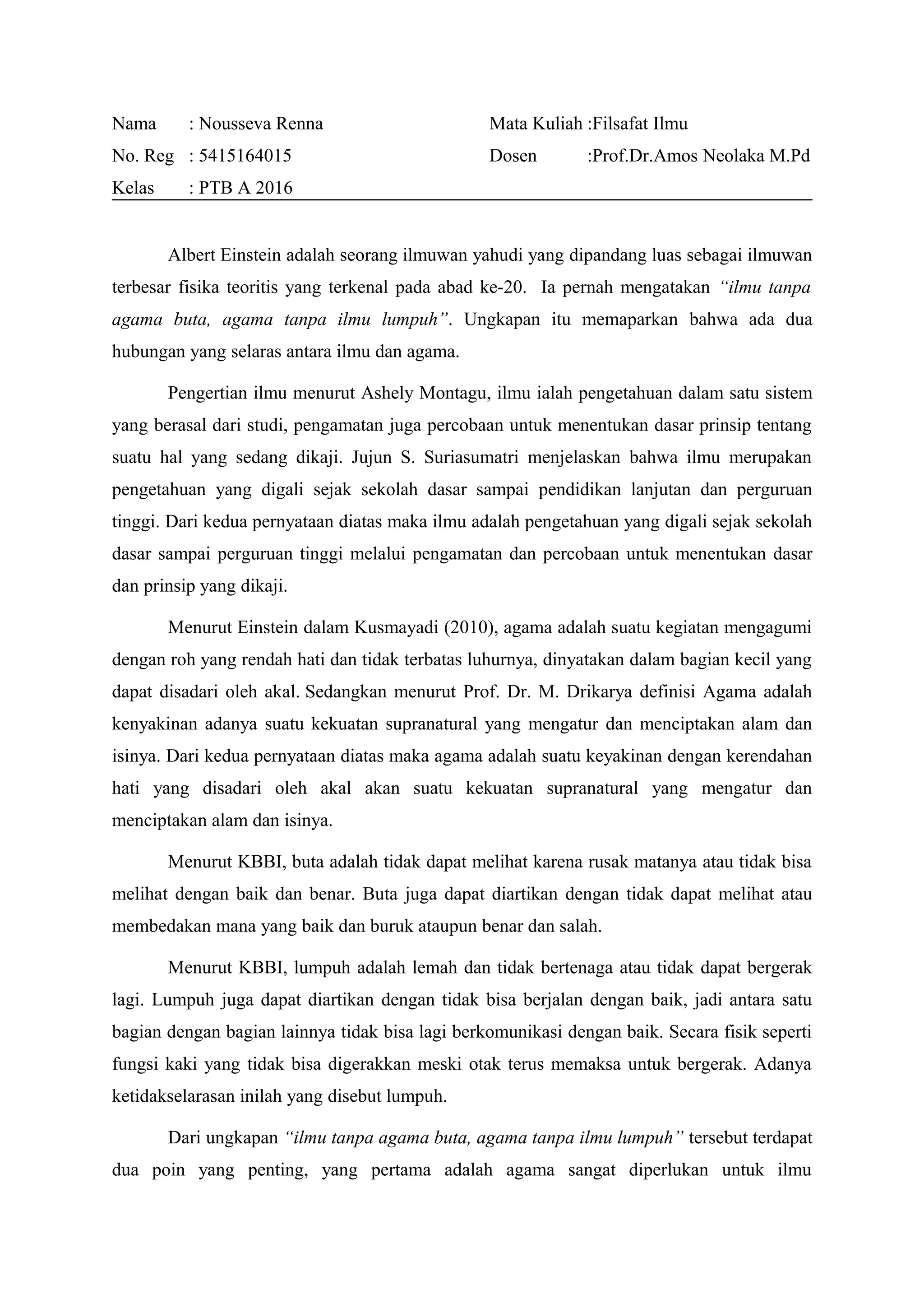 Pendapat tentang "Ilmu tanpa agama buta, agama tanpa ilmu lumpuh" | DOC