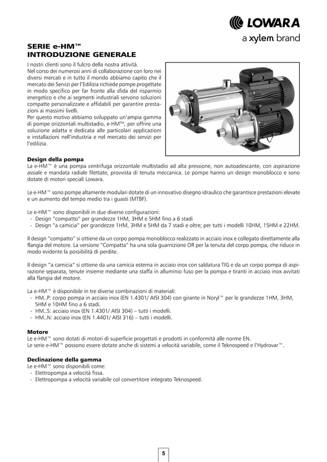Lowara serie HM - Pompe multistadio orizzontali - Fornid | PDF | Home Appliances | Home & Garden