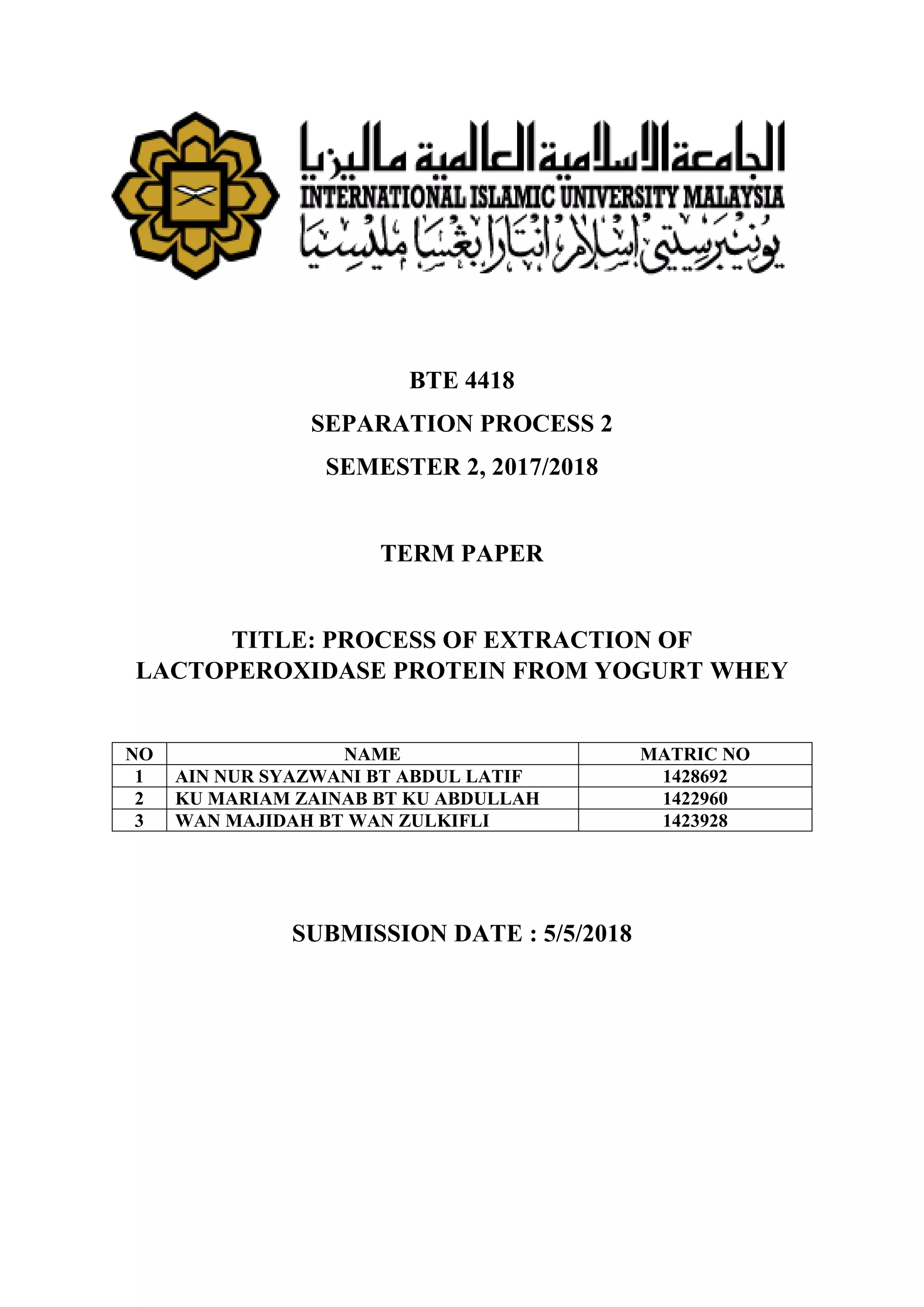 PROCESS OF EXTRACTION OF LACTOPEROXIDASE PROTEIN FROM YOGURT WHEY | PDF