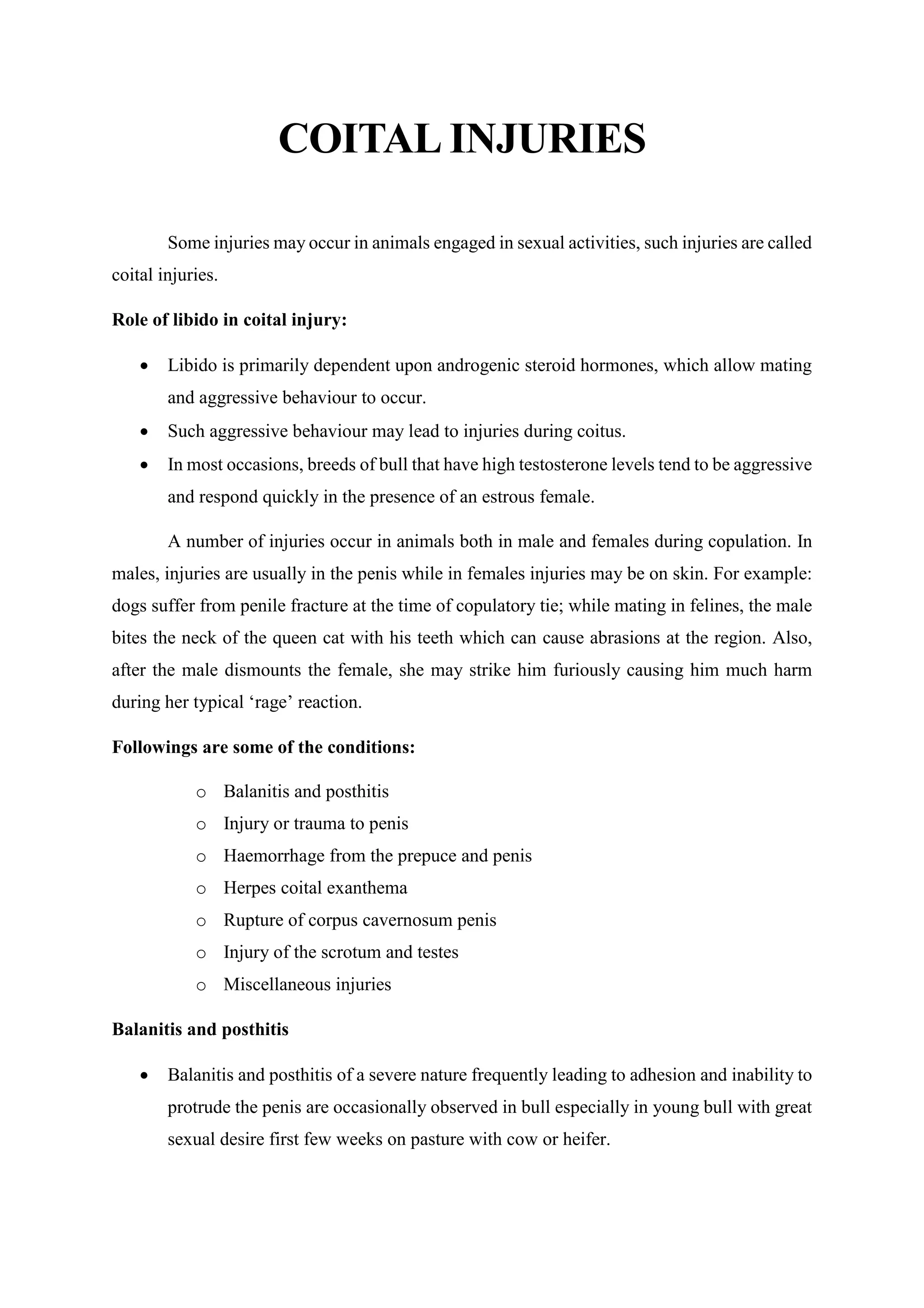 Coital Injuries and Vices of Male Animals | PDF