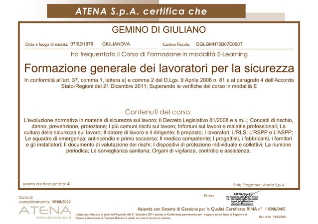 Certificato Completamento Corso Sicurezza sul Lavoro