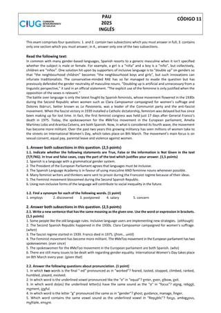 Modelo de examen de la PAU 2025 en Galicia | PDF