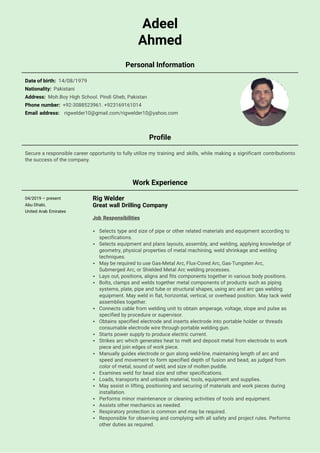 Experienced Rig Welder and Welding Supervisor Career Profile | PDF