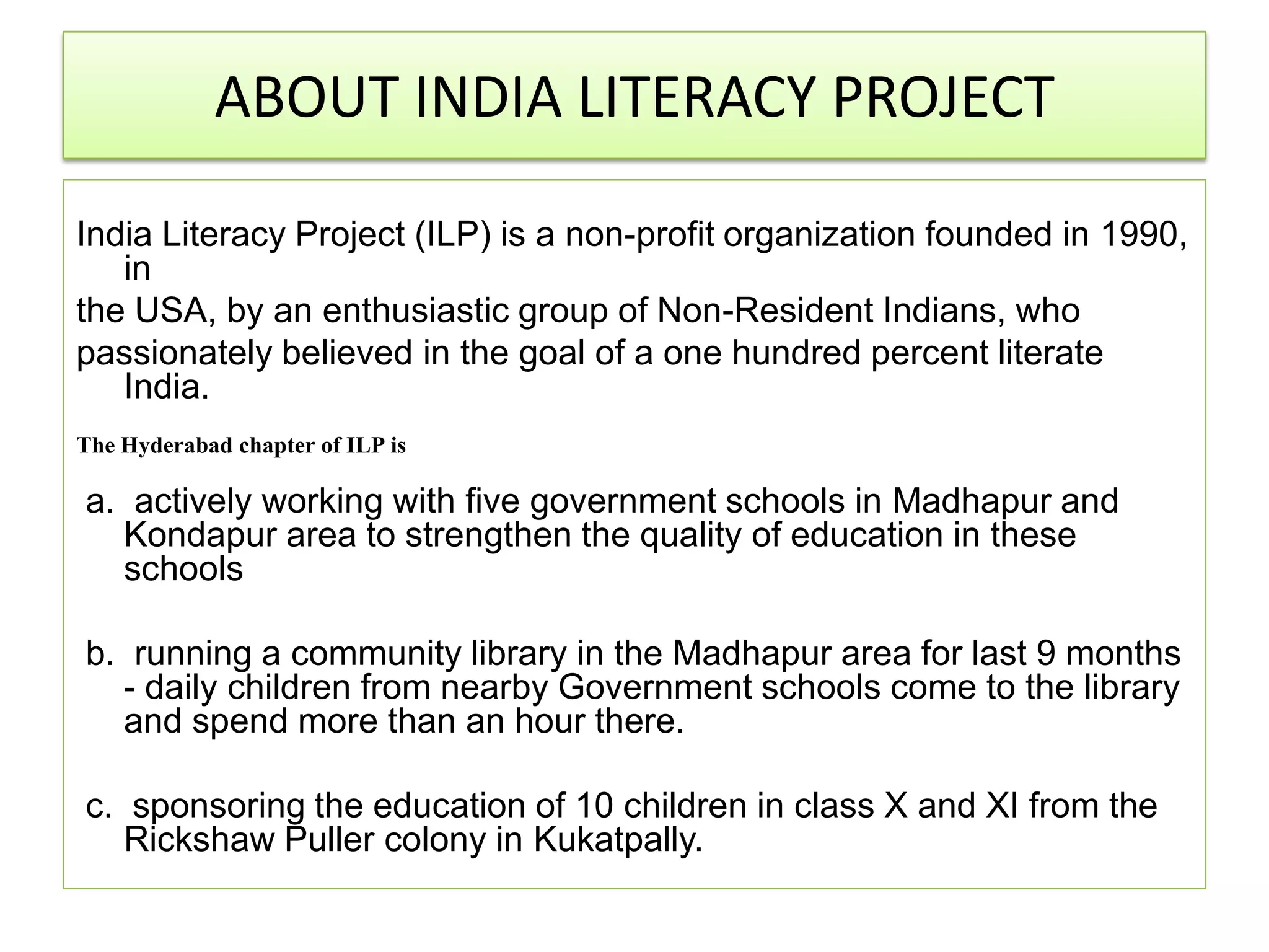 India Literacy Project Dusshera Mela Presentation | PDF