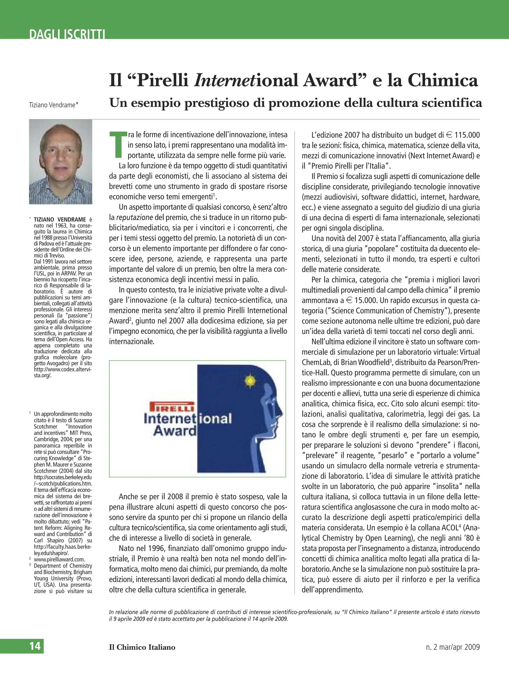 Il "Pirelli Internetional Award" e la Chimica | PDF