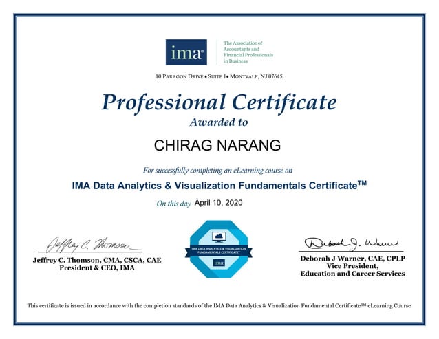 IMA Data Analytics & Visualization Fundamentals Certificate | PDF