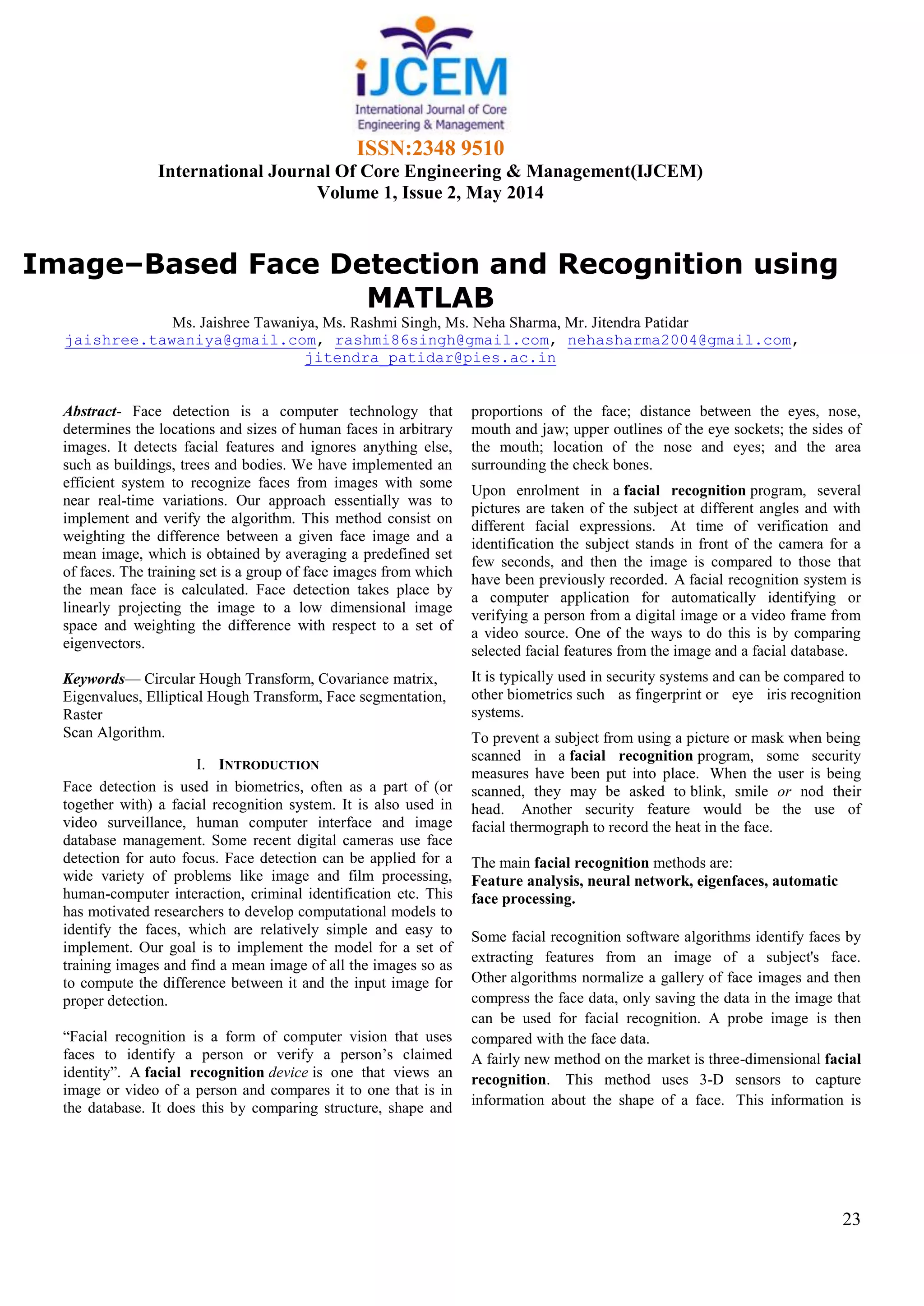 Image Based Face Detection And Recognition Using Matlab Pdf