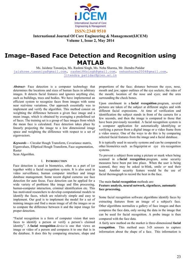 Image Based Face Detection And Recognition Using Matlab Pdf