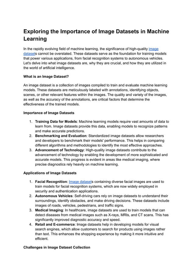 Exploring the Importance of Image Datasets in Machine Learning | PDF