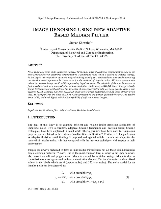 Image denoising using new adaptive based median filter | PDF