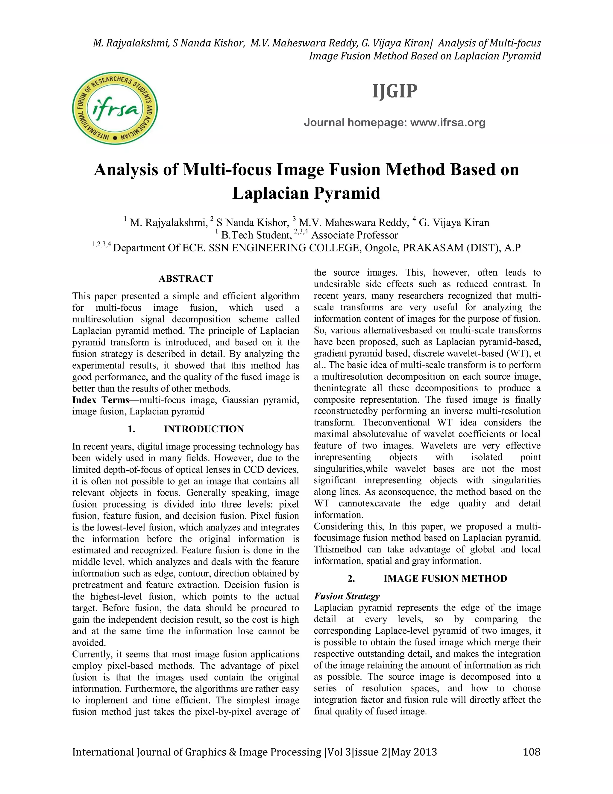 Analysis of Multi-focus Image Fusion Method Based on Laplacian Pyramid ...