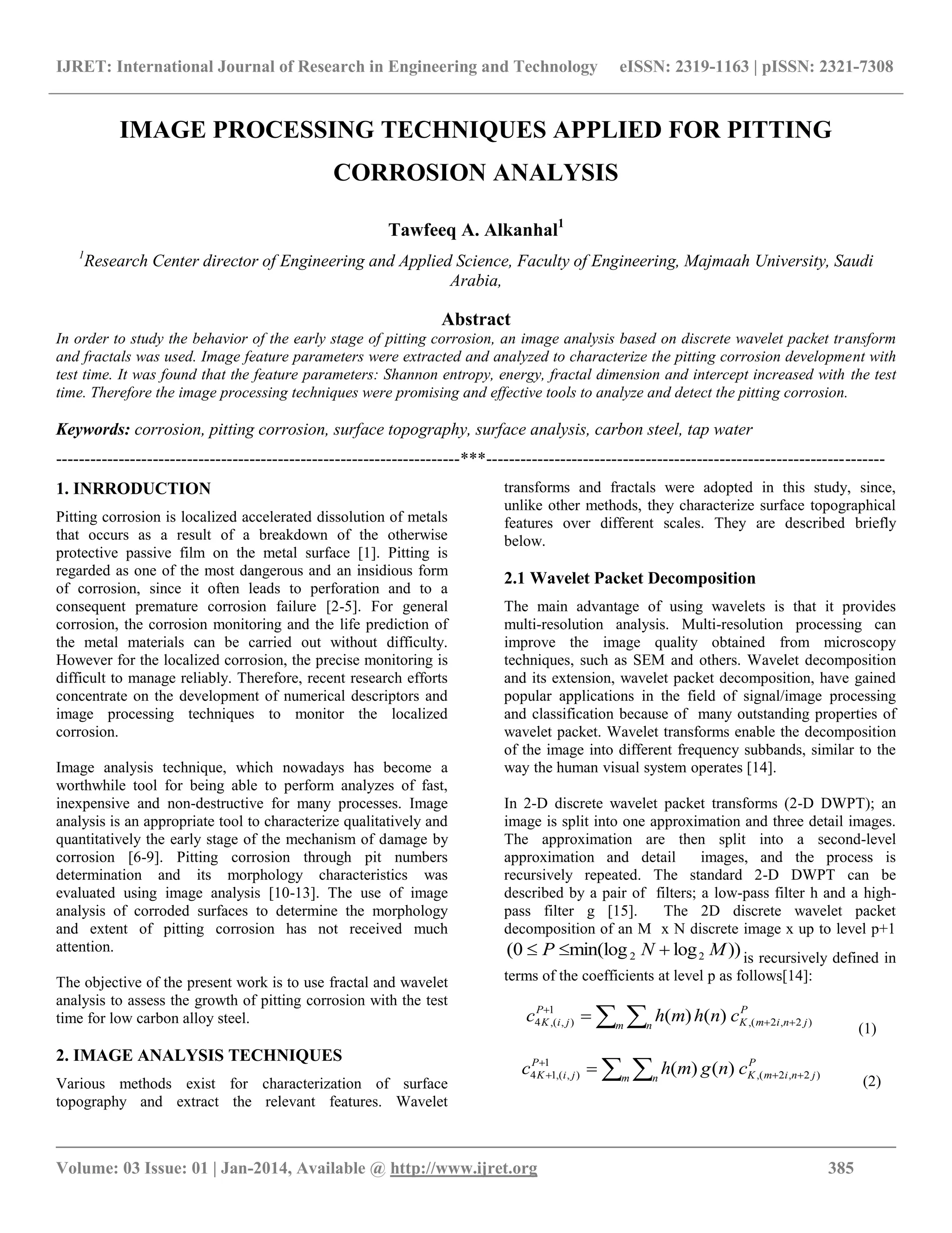 Image processing techniques applied for pitting corrosion analysis | PDF