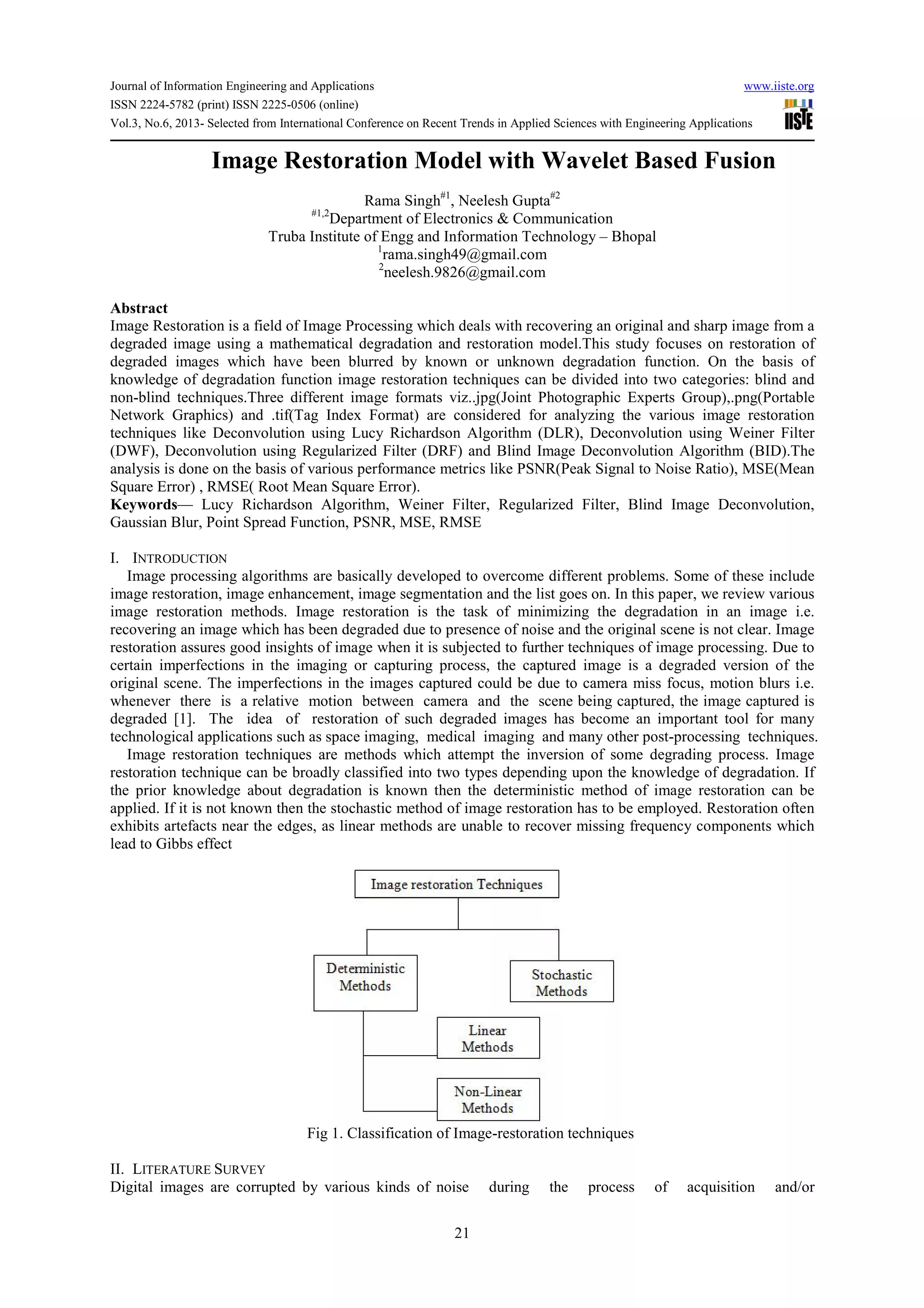 Image restoration model with wavelet based fusion | PDF
