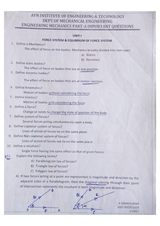 Engineering Mechanics Important question & Answers | PDF