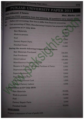 Cost Accounting B.Com Part 2 Solved Past Papers 2011 | PDF