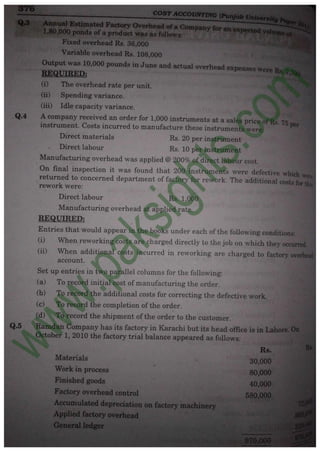 Cost Accounting B.Com Part 2 Solved Past Papers 2011 | PDF