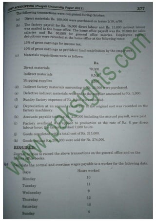 Cost Accounting B.Com Part 2 Solved Past Papers 2011 | PDF