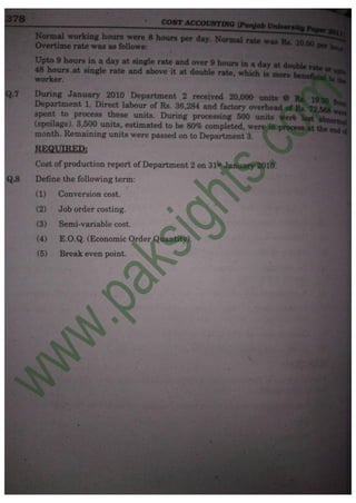 Cost Accounting B.Com Part 2 Solved Past Papers 2011 | PDF