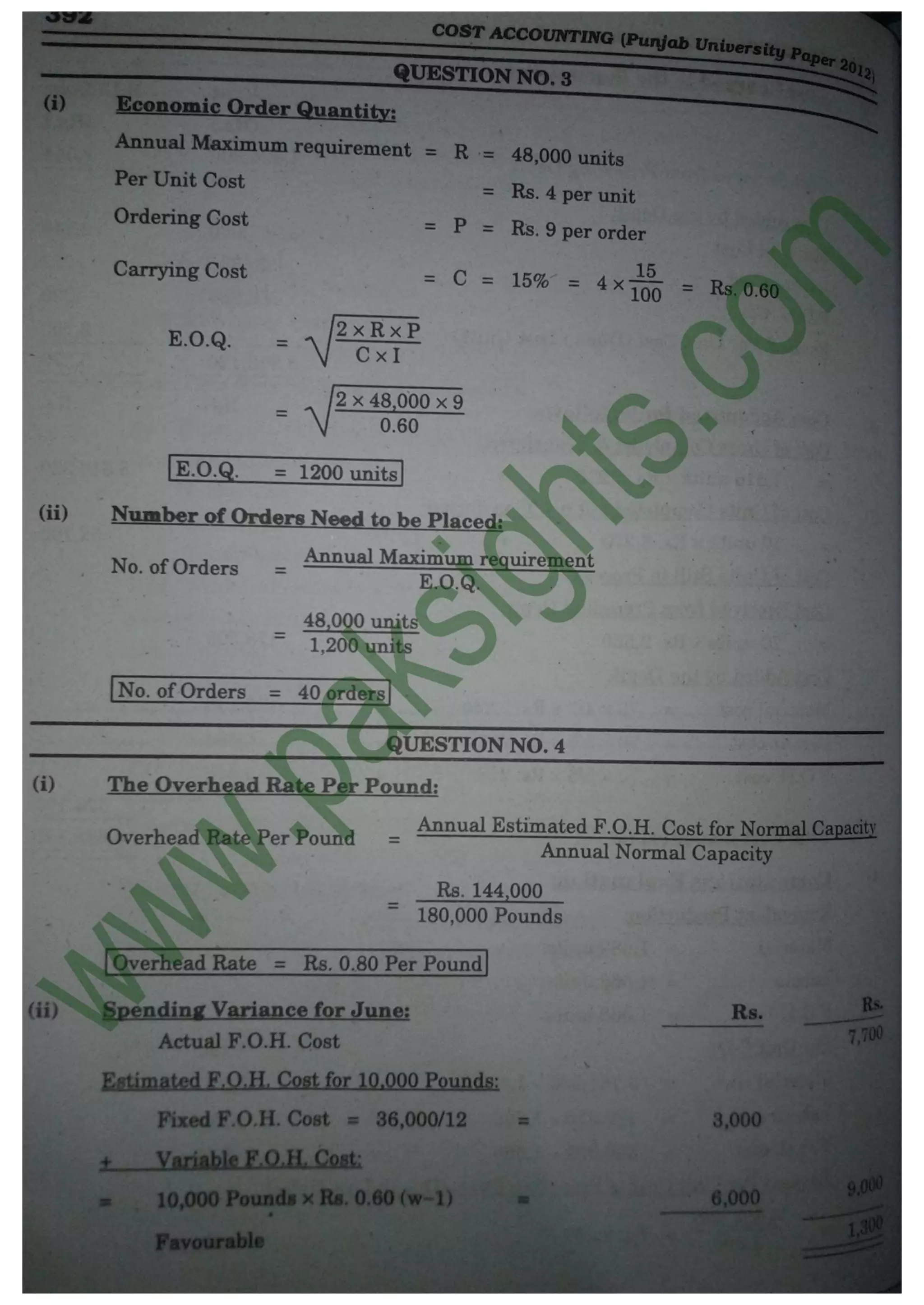 Cost Accounting B.Com Part 2 Solved Past Papers 2012 | PDF