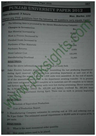 Cost Accounting B.Com Part 2 Solved Past Papers 2012 | PDF