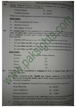 Cost Accounting B.Com Part 2 Solved Past Papers 2012 | PDF
