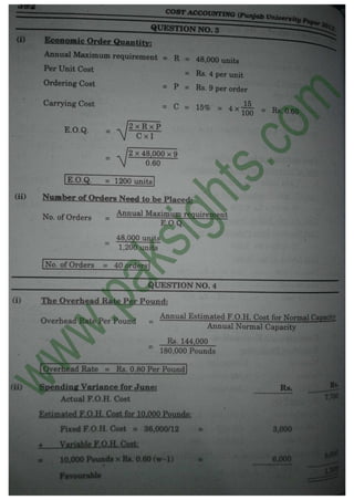 Cost Accounting B.Com Part 2 Solved Past Papers 2012 | PDF