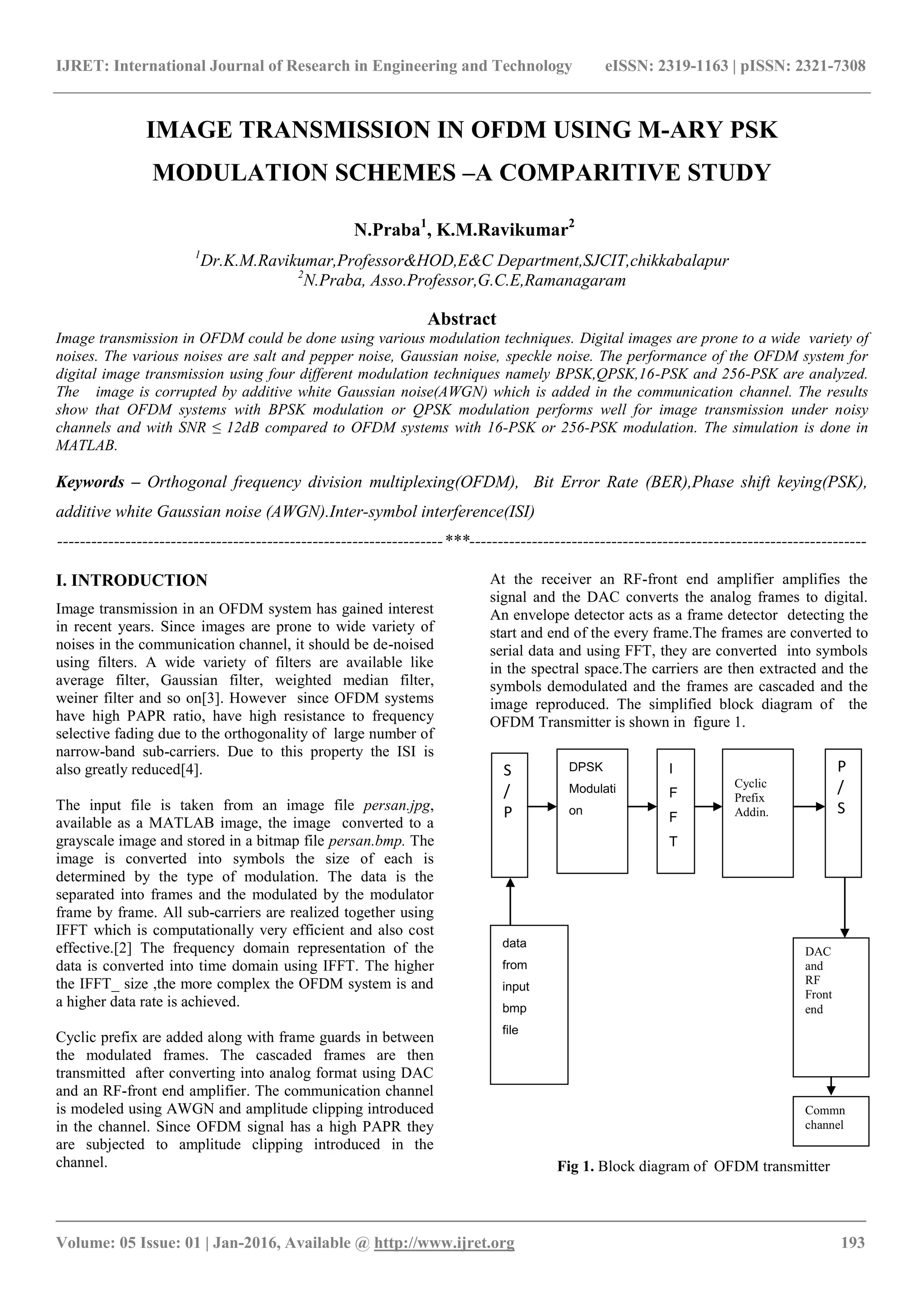 Image transmission in ofdm using m ary psk modulation schemes –a comparitive study | PDF