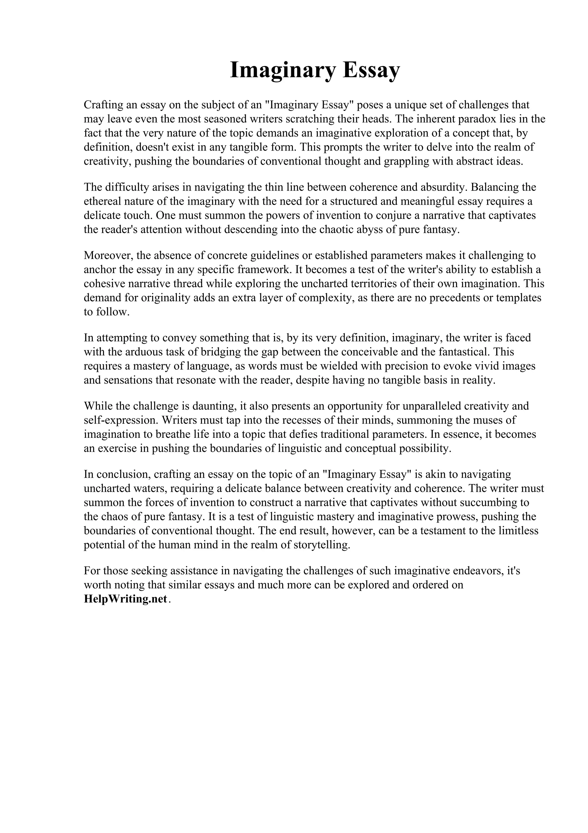 Imaginary Essay. Imaginary Story - GCSE Drama - Marked by Teachers.com