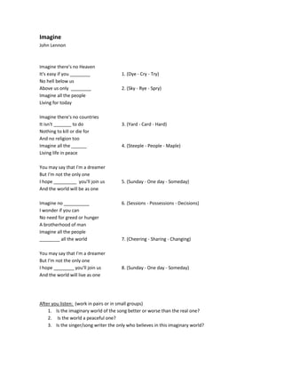 Imagine Lyrics and Activities | PDF