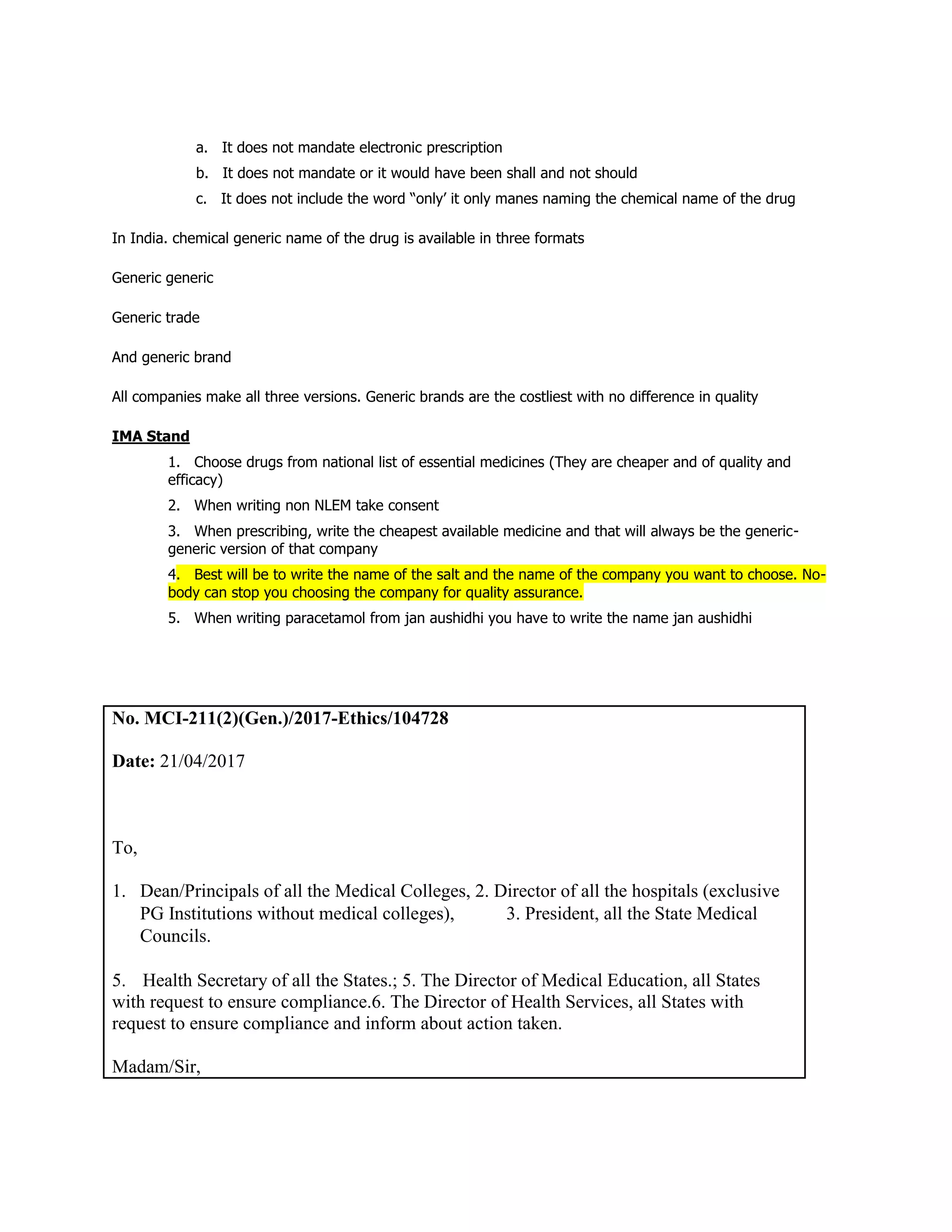 IMA Letter on Prescribing Generics | PDF