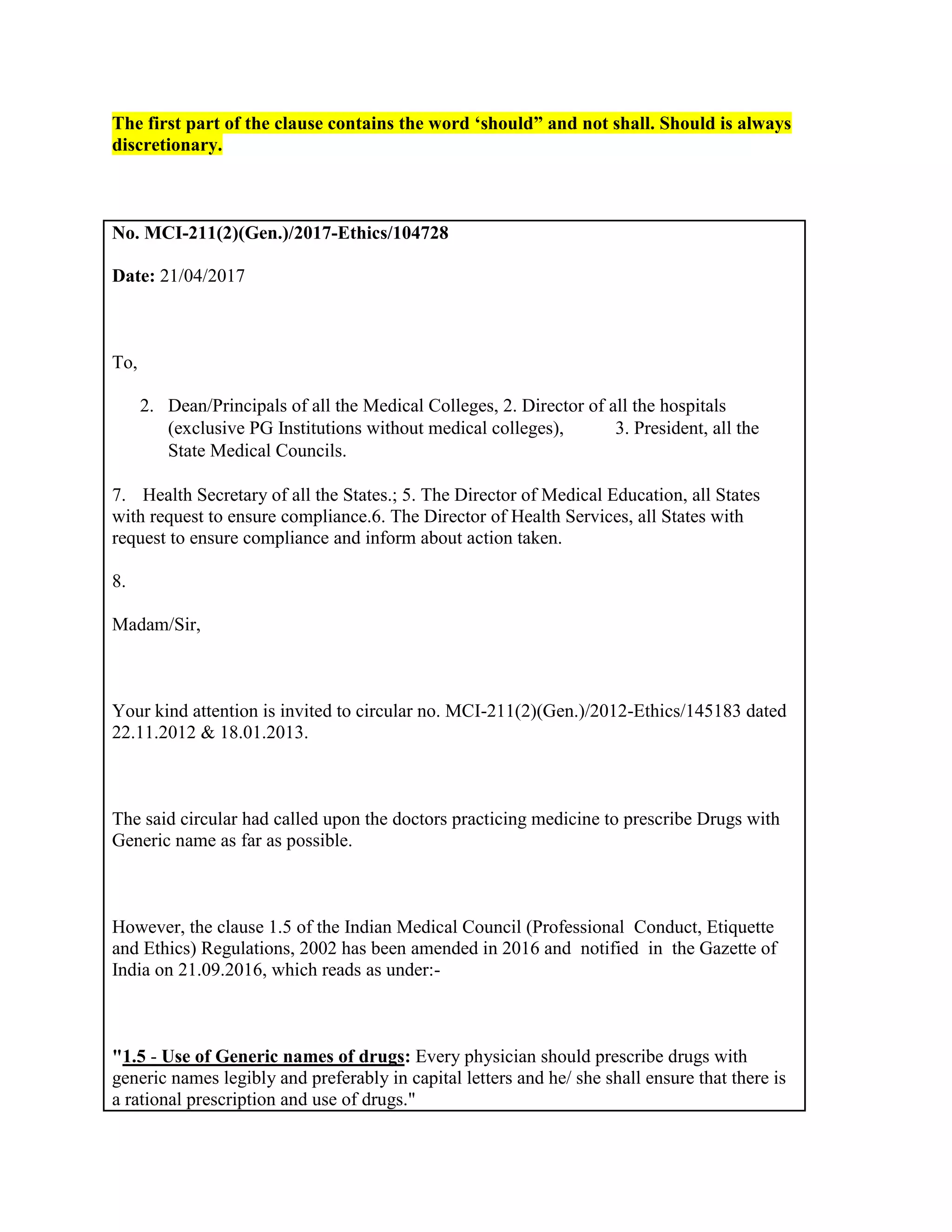 IMA Letter on Prescribing Generics | PDF