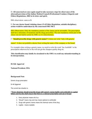 IMA Letter on Prescribing Generics | PDF