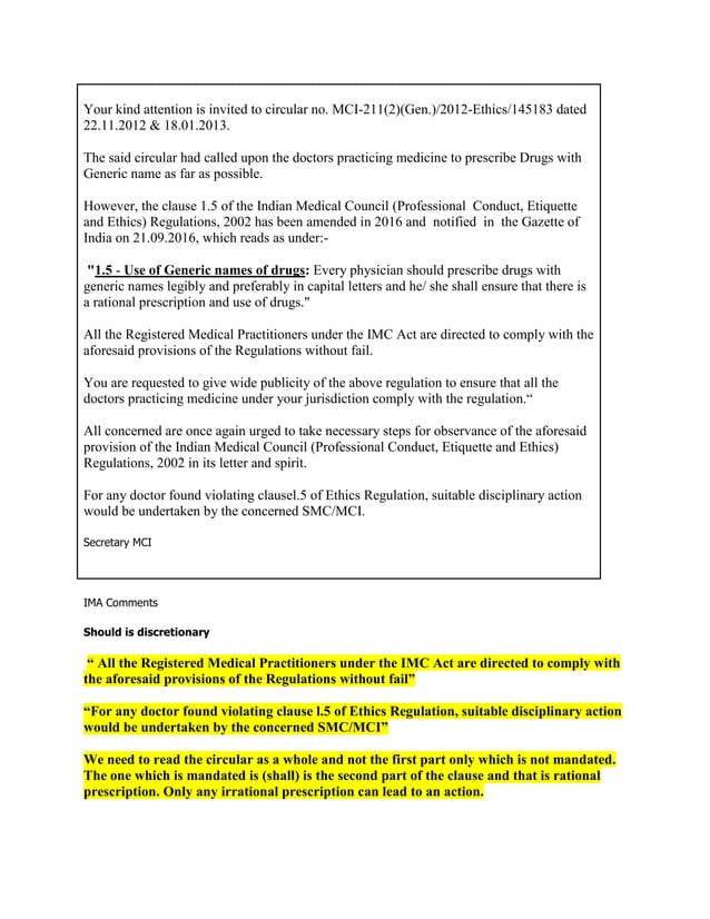 IMA Letter on Prescribing Generics | PDF