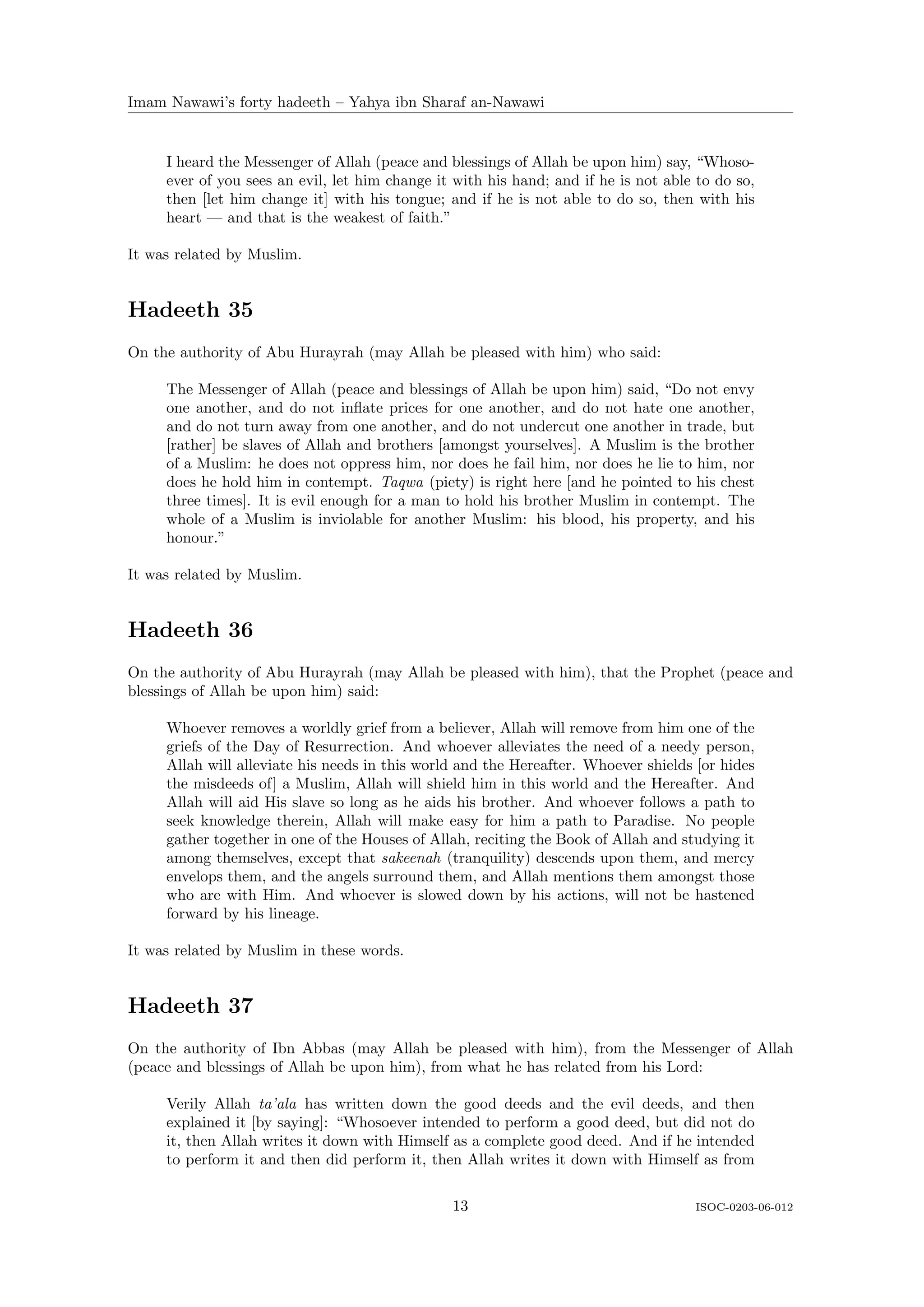 Imam Nawawis 40 Hadith - by Yahya ibn Sharaf an-Nawawi | PDF