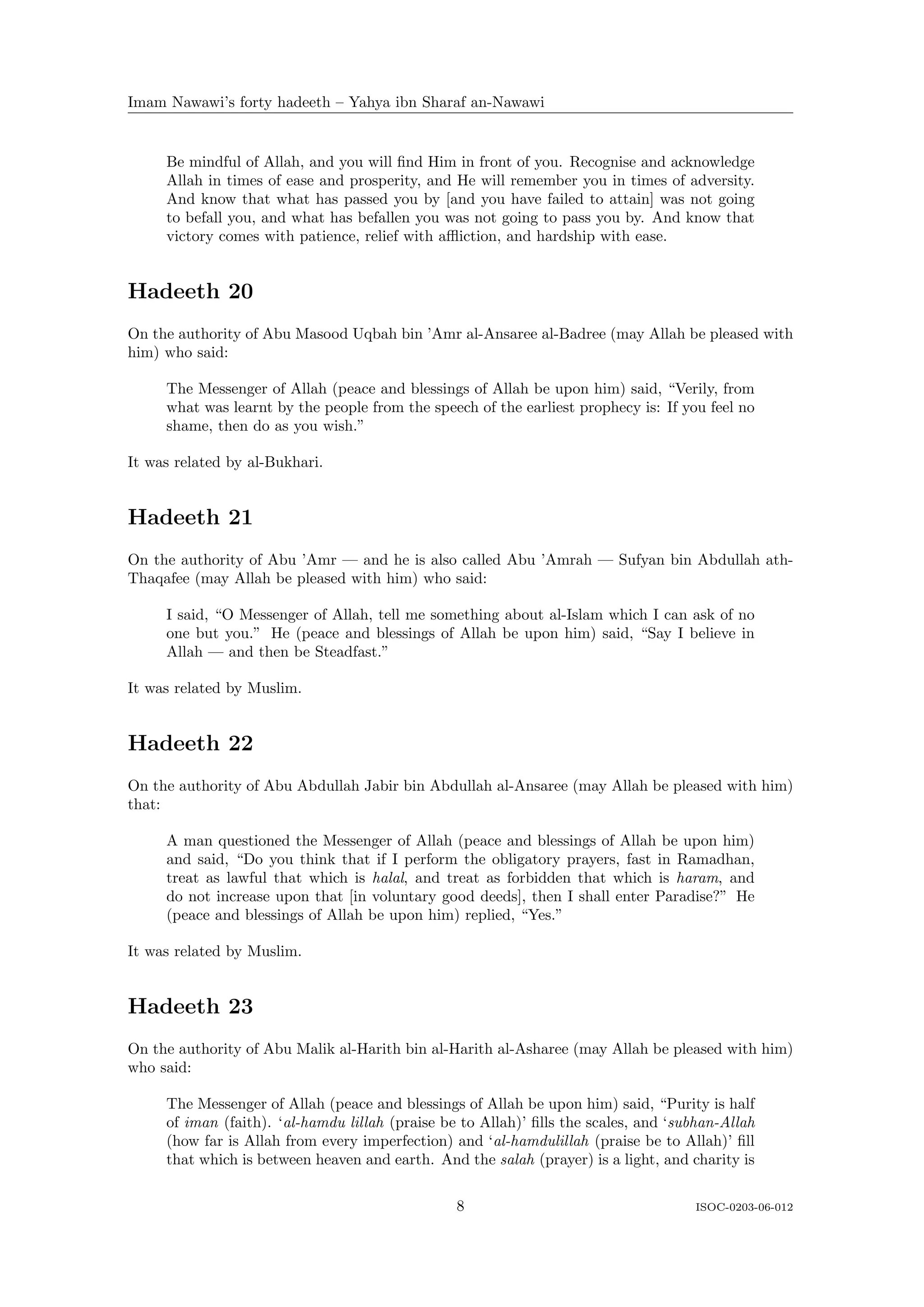 Imam Nawawis 40 Hadith - by Yahya ibn Sharaf an-Nawawi | PDF